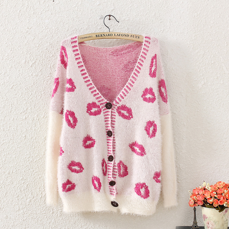 Red Lips Sweater V-neck Knitting Sweater Cardigan Coat on Luulla
